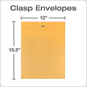 Quality Park 12 x 15-1/2 Clasp Envelopes, Clasp and Gummed Closures, for Oversized Papers, Drawings or Posters, 28 lb Kraft Paper, 100/Box (QUA37810)