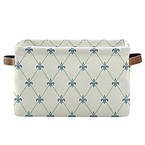 Fleur De Lis Storage Basket Floral Plaid Storage Organizer Box Bin Large Collapsible Cube Baskets with PU Handles for Shelf Closet Nursery Laundry 2 Pack