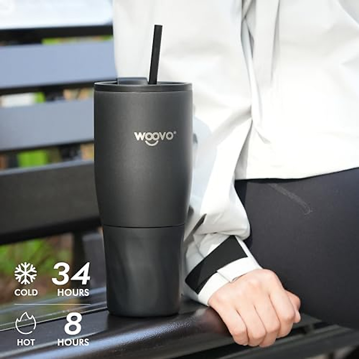 WOOVO 30 oz Tumbler with Lid and Straw - Insulated Double Wall Stainless Steel Water Bottle with SIlicone Boot - BPA Free Dishwasher Safe Tumbler, Reusable 30oz Travel Cup Stay Hot Cold - Black