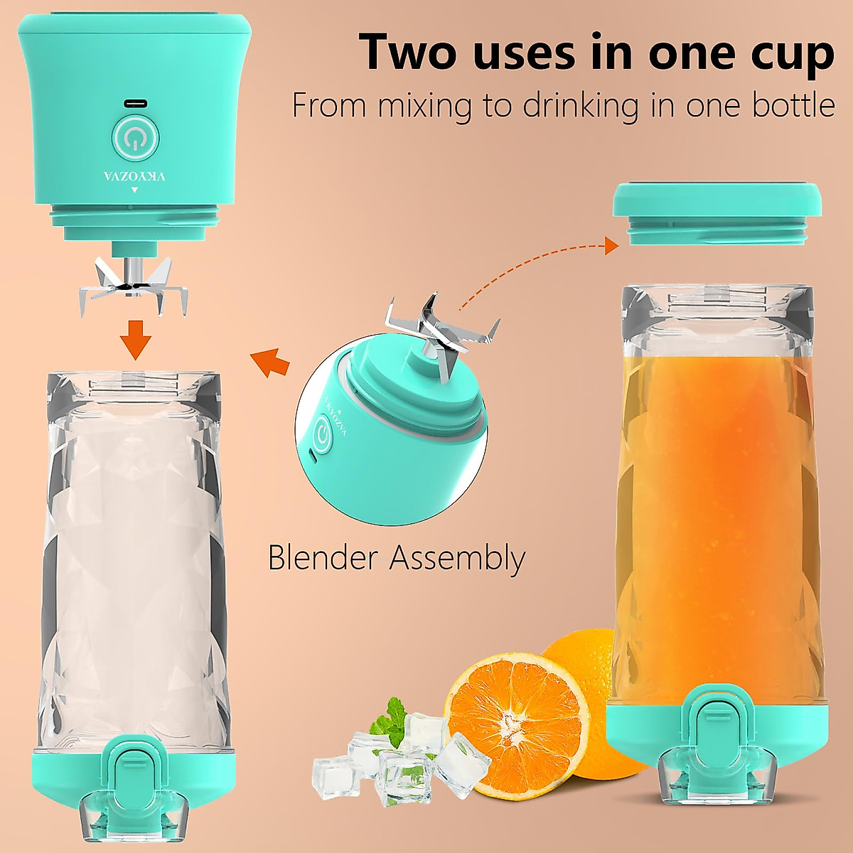 VKYOZVA Portable Blender, 20 Oz Travel Blender USB-C Rechargeable with 6 -leaf Stainless Steel Blades, BPA Free, Personal Blender for Shakes and Smoothies,Suitable for Family Travel Gyms, Mint Blue