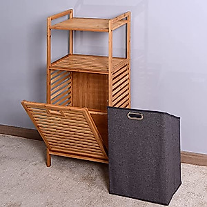 Eytruty Bamboo Tilt-Out Laundry Hamper Cabinet Free-Standing Ventilated Dirty Clothes Organizer with 2-Tier Storage Shelf & Removable Fabric Bin for Bathroom, Bedroom, Living Room