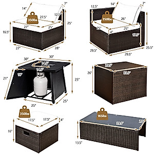 Tangkula 9 Pieces Patio Furniture Set with 30” Propane Fire Pit Table, Outdoor PE Wicker Sectional Sofa Set with Storage Box, 50,000 BTU Gas Fire Pit Table with 2 Protective Covers (Black)