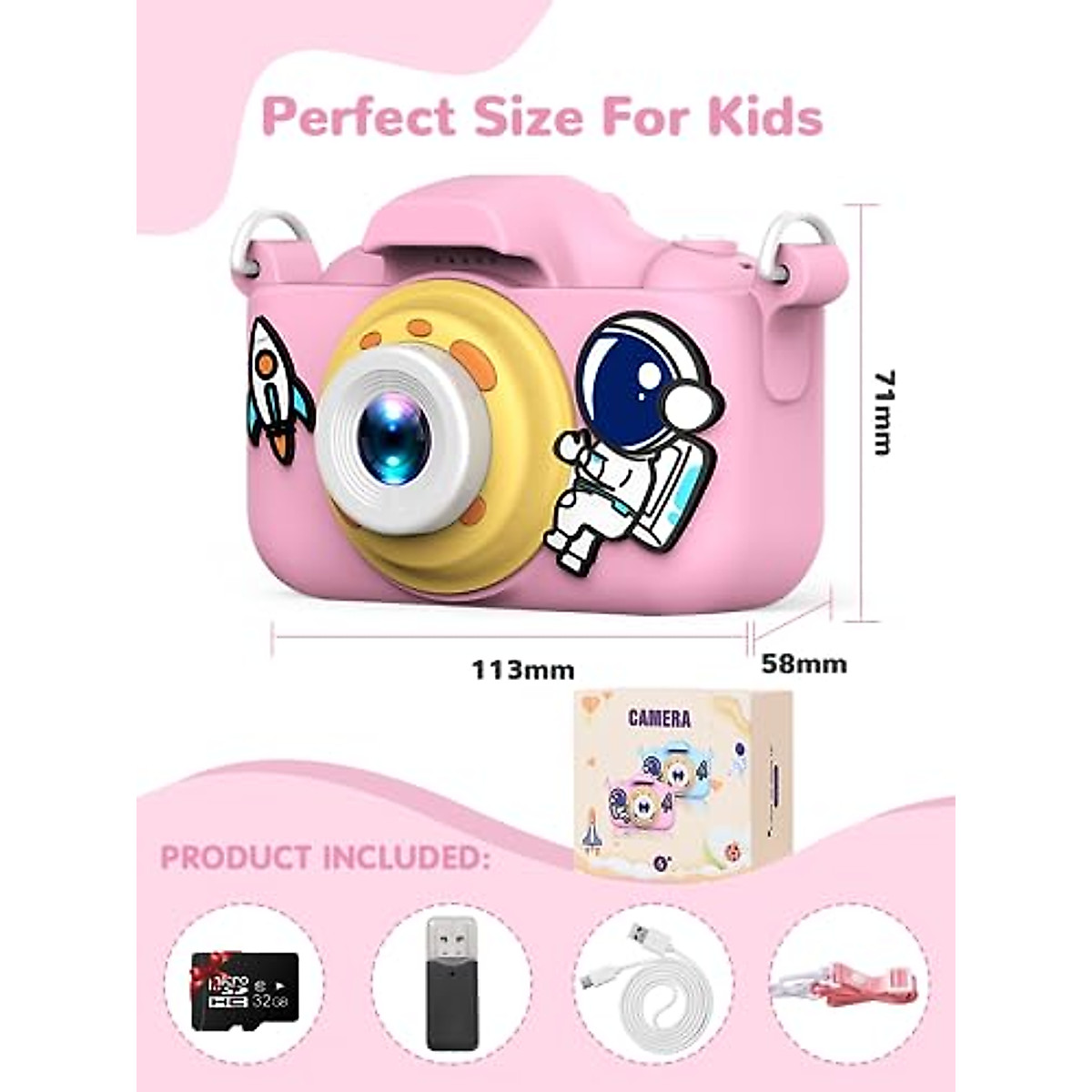 Andoer Kids Camera Toy Children Mini Camera Dual Front and Rear Digital Camera, Gift for Boys and Girls 3-12 Year Old with Astronaut Cartoon Soft Silicone Cover 32GB Card & USB 2.0 Card Reader