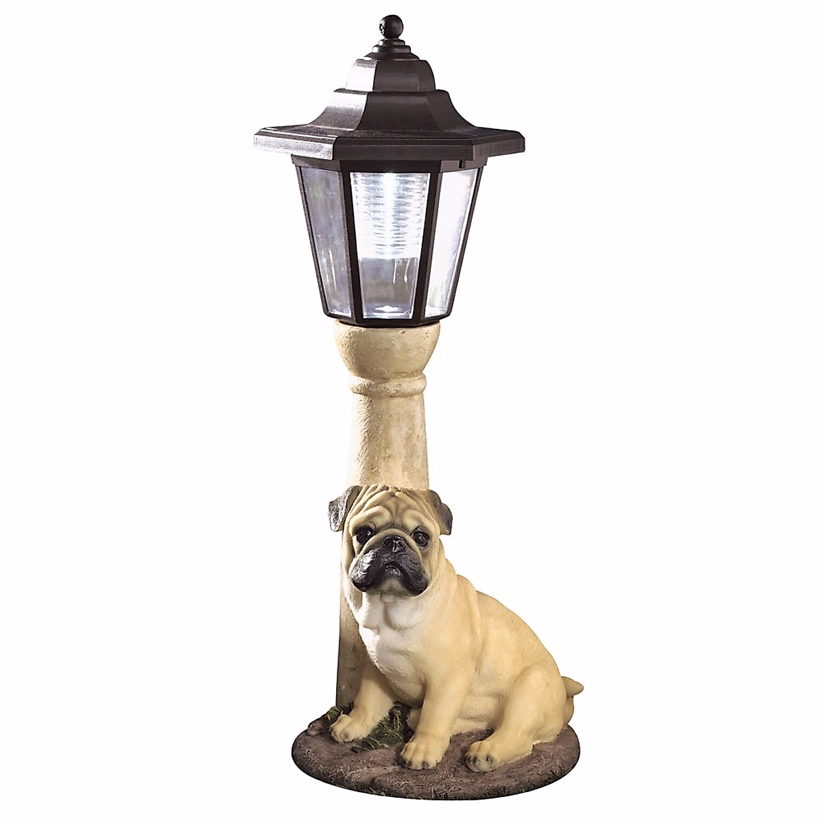 Bits and Pieces-Solar Light Fawn Pug-Solar Powered Garden Lantern - Resin Dog Sculpture with LED Light