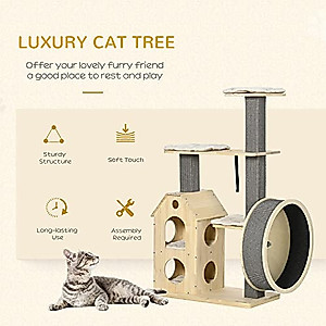 PawHut 53" Modern Cat Tree with Scratching Posts & Wheel, with Double-Layer Cushioned House, Small Cat Tower for Indoor Cat Furniture, Climbing Wooden Cat Tree