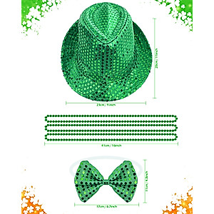 St Patrick's Day Fedora Hat Green Sequin Irish Hat for Men Women Paddy's Day Fancy Cap Western Fashion Sequin Bow Tie and 3 Green Beads