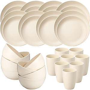 32 Pcs Wheat Straw Dinnerware Sets for 8 Kitchen Reusable Dinner Plates, Reliable Cereal Bowls, Lightweight Children Cups Kids Tableware Set Dishwasher Safe for Camping Party Picnic Event (Beige)