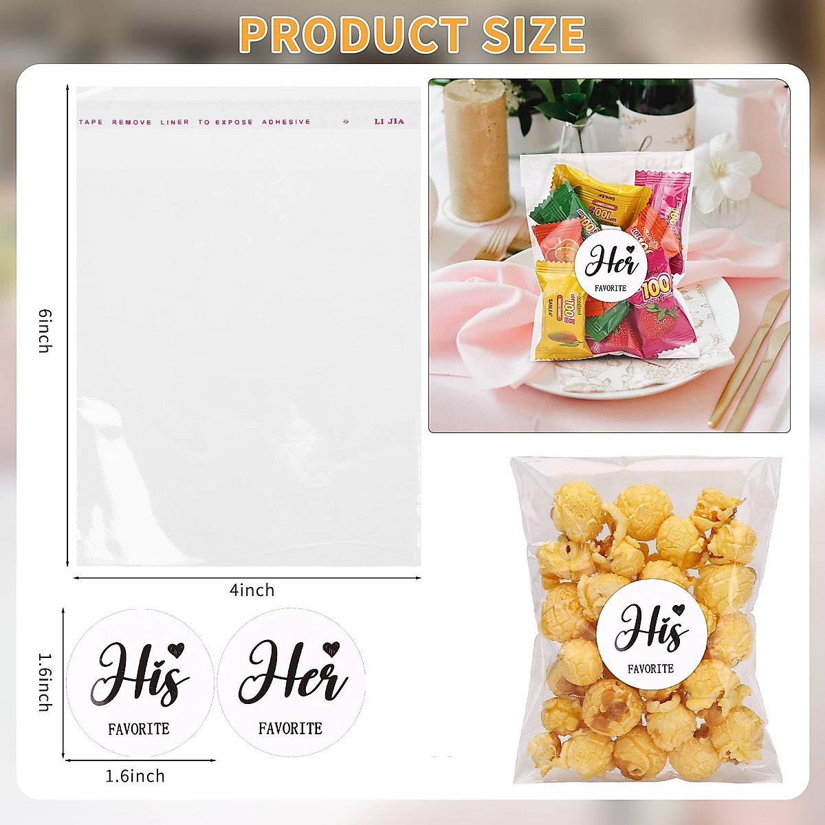 AIOMOB 100 Set His Her Favorite Stickers Candy Bags Wedding Favor Stickers 4x6 Inches Self Sealing Cellophane Bags for Wedding Favor Labels Guest Welcome Bag Stuffers Bulk