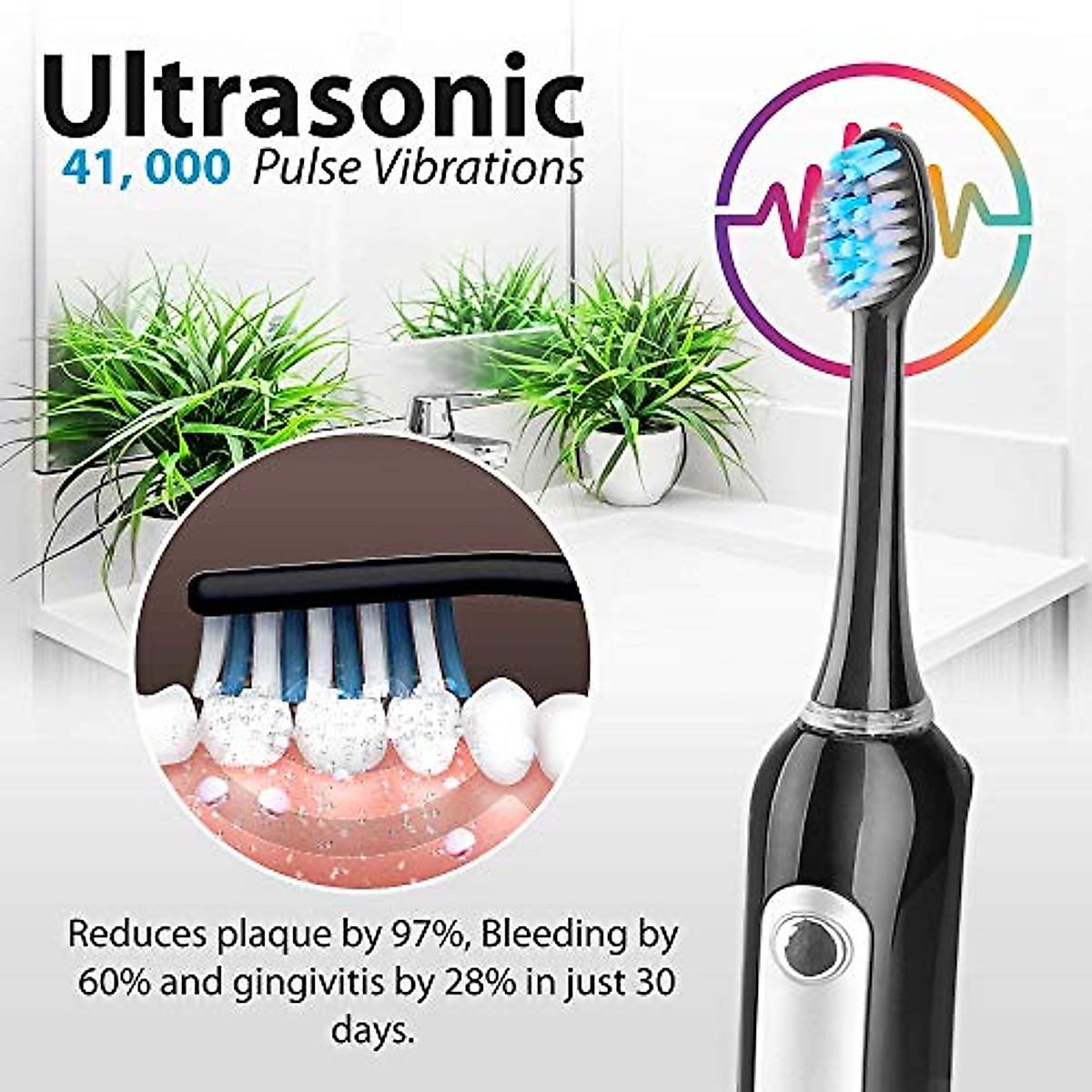 Pyle Health Ultra sonic Wave Rechargeable Electric Toothbrush with 3 brush modes, two minute timer, 2 Oral Brush Heads, Automatic Charging Dock Holder - For Kids, Teens, Adults - PHLTB41BK (Black)
