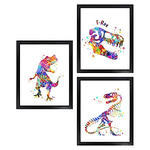 Dignovel Studios Unframed (Set of 3) 8X10 T Rex Watercolor Dinosaur Ancient Animals Skeleton Archaeology Museum Nature History Wall Art Prints Boy Room Art Print Set Nursery Decor dnc3