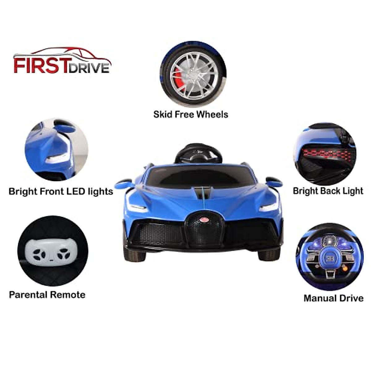 Bugatti Divo - Blue- Dual Motor Electric Power Ride On Car W/Parental Remote, MP3, Aux Cord, Bluetooth, Led Headlights, and Premium Wheels- by First Drive (Blue)