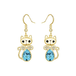 Mother's Day Jewelry Gift Pear Simulated Aquamarine & Black, White Cubic Zirconia Cute Cat Animal Drop Dangle Earrings In 14k Yellow Gold Over Sterling Silver