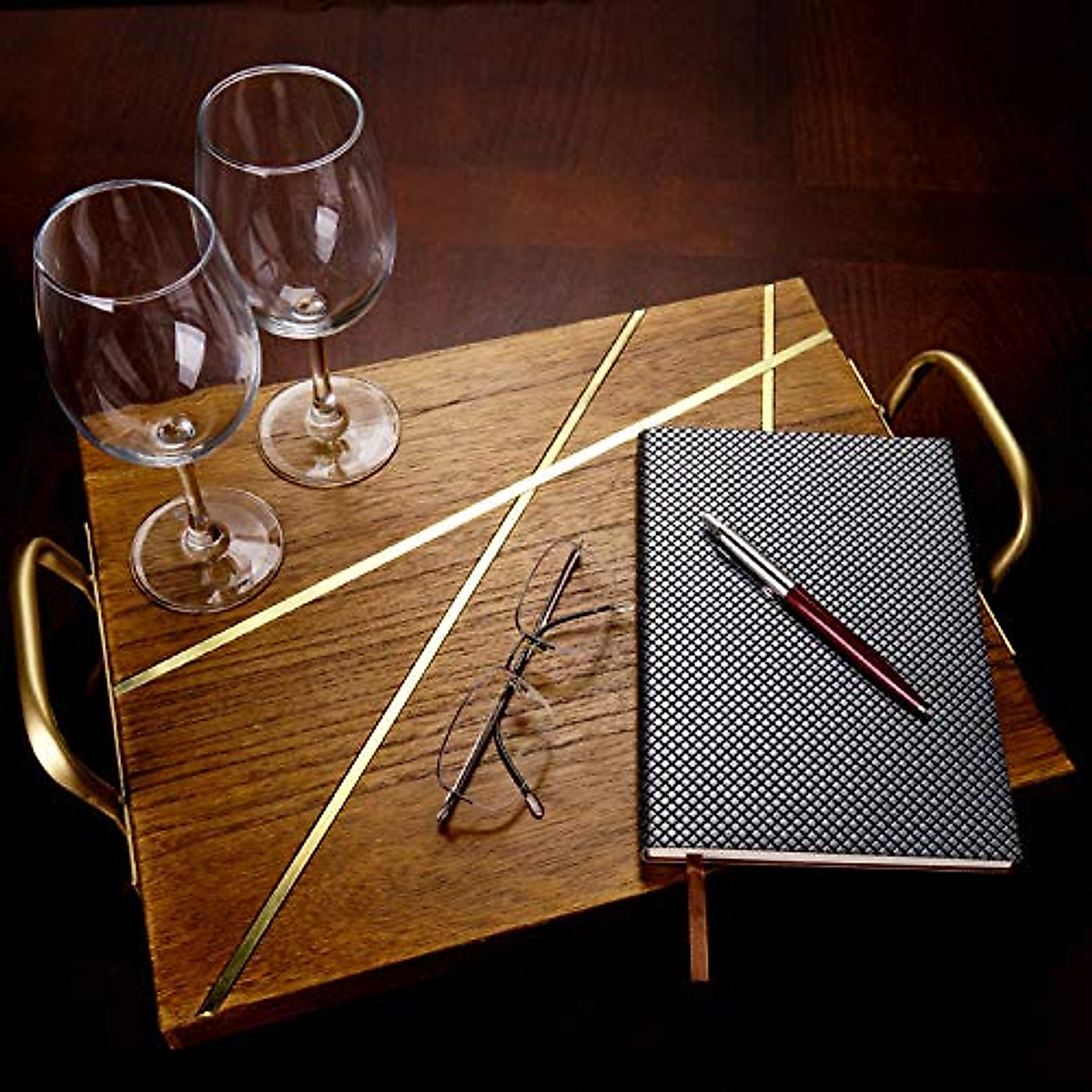 Excello Global Products 13"x17" Inlaid Wood Serving Tray with Metal Handles: Rustic Wooden Board Platter for Liquor Food Dinner Restaurant, Decorative Tray for Coffee Table