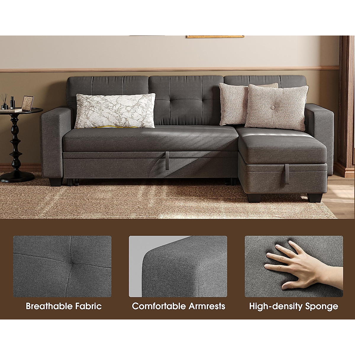 Flamaker Sleeper Sofa, Sofa Bed with Storage Chaise, L Shaped Pull Out Couch for Living Room, Home Furniture, Apartment (Dark Grey)