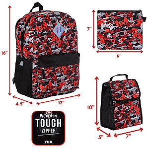 RALME Red Camo Gaming Backpack Set for Boys, 16 inch, 6 Pieces - Includes Foldable Lunch Bag, Water Bottle, Key Chain, & Pencil Case