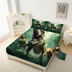VTKON Dinosaurs Bed Sheets Twin for Boys Easy Care Dinosaur Bedding Set 3D Green Realistic Dinosaur Sheets Kids Soft Microfiber Bedding Sheets Set with 1 Fitted Sheet 1 Flat Sheet and 1 Pillowcase