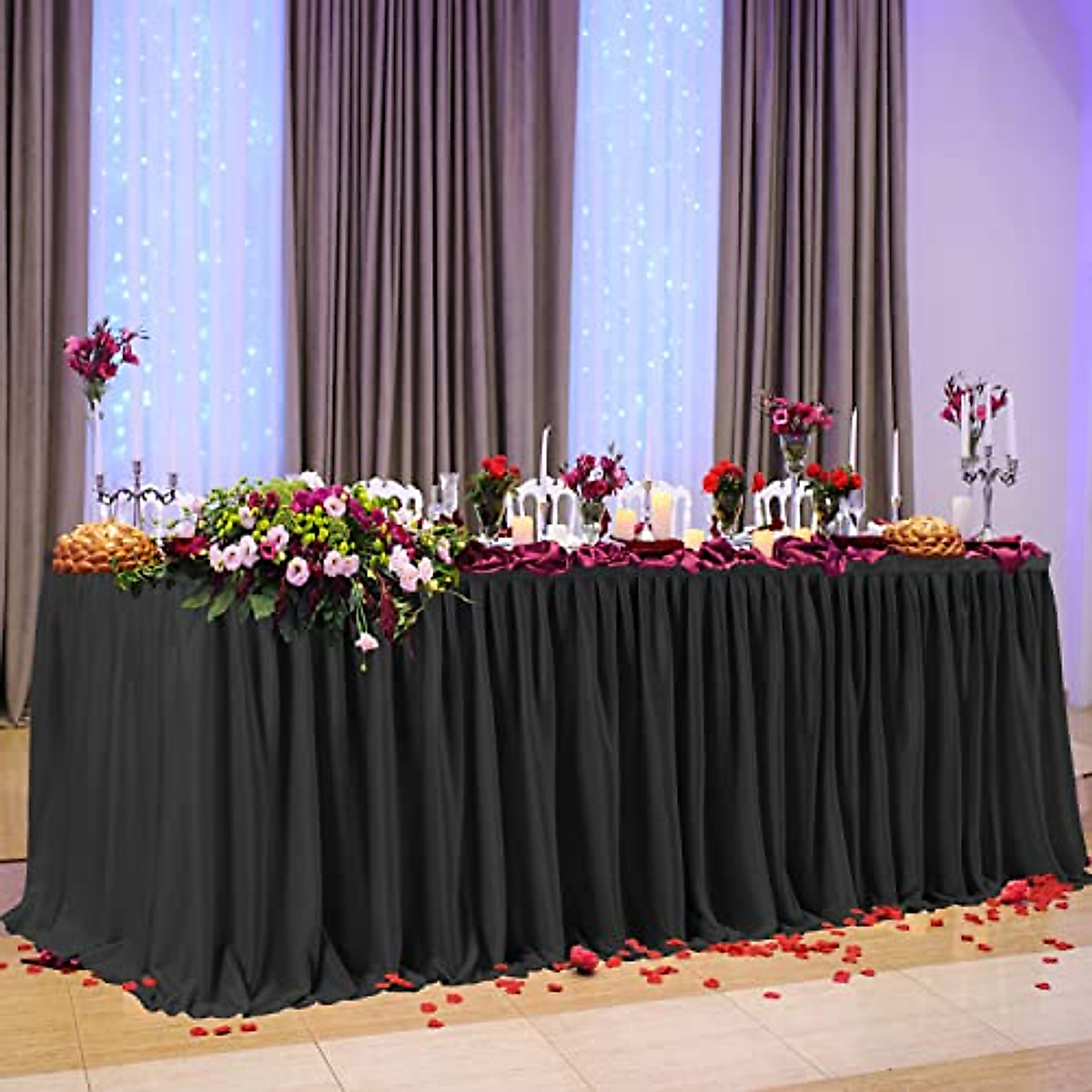 PARTISKY Black Polyester Table Skirt for Rectangle Tables 6ft, Wrinkle Resistant Pleated Ruffle Table Cloth for Banquet Wedding Trade Baby Shower Display Gift Dining Table