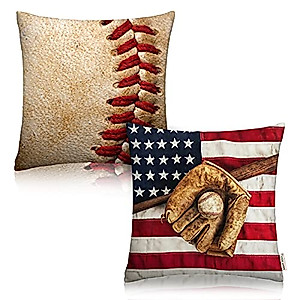 KENT HILL Vintage Baseball Throw Pillow Covers Set of 2 Sofa Decorative American Flag Sofa Pillows Cotton 18 X 18 Inches Square for Couch Sofa Bedroom Chair Boys Room