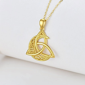 Solid Gold 14K Celtic Moon Necklace for Women, Real Gold Celtic Knot Pendant Necklace Crescent Irish Fine Jewelry Anniversary Mother's Day Gift for Wife, Mom, 16''-18''