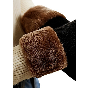 Thick Snow Hat-and-Mittens Set for-Women Black, Warm Faux Fur Pom Pom Beanie-with-Gloves Cute Pompom Ladies Winter Caps