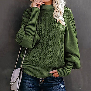 Casual Knitted Sweater Tops for Women Cable Knit Lantern Sleeve High Neck Sweaters Fall Winter Warm Pullover Jumpers Army Green