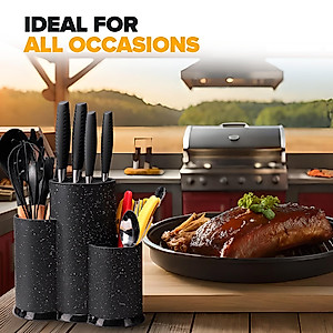 OPPS Products Kitchen Organization Set includes: Utensil holder, Knife Holder and Silicone Drying Mat for kitchen counter, stainless steel kitchen utensil organizer., Medium, Black