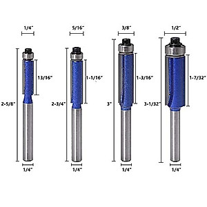 Meihejia 1/4 Inch Shank Template Pattern Flush Trim Router Bit Set (4 Sizes)