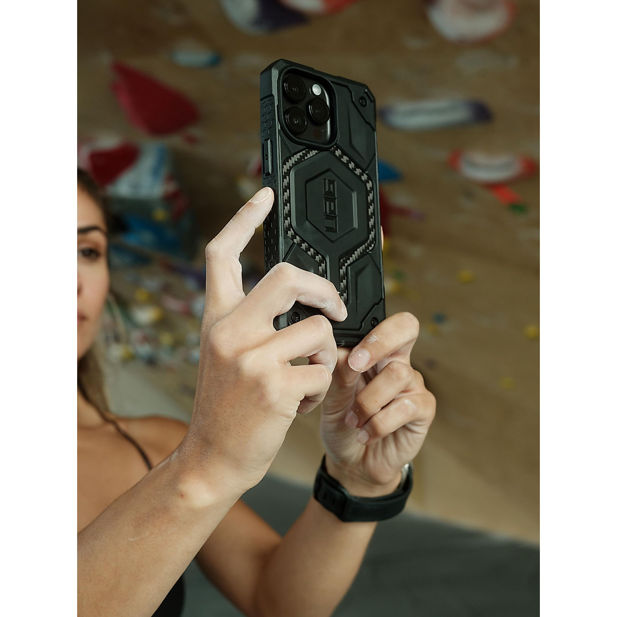 URBAN ARMOR GEAR UAG Designed for iPhone 15 Pro Case Monarch Pro Carbon Fiber 6.1" Compatible with MagSafe Bundle with UAG Civilian Phone Crossbody Lanyard 7mm Adjustable Body Strap Rust/Black