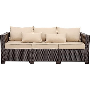Outdoor Patio Furniture Outdoor Couch 3 Seater Sofa Outdoor Brown Wicker Sofa Deep Seat High Backrest Patio Couch with Anti-Slip Cushions and Waterproof Cover, Khaki