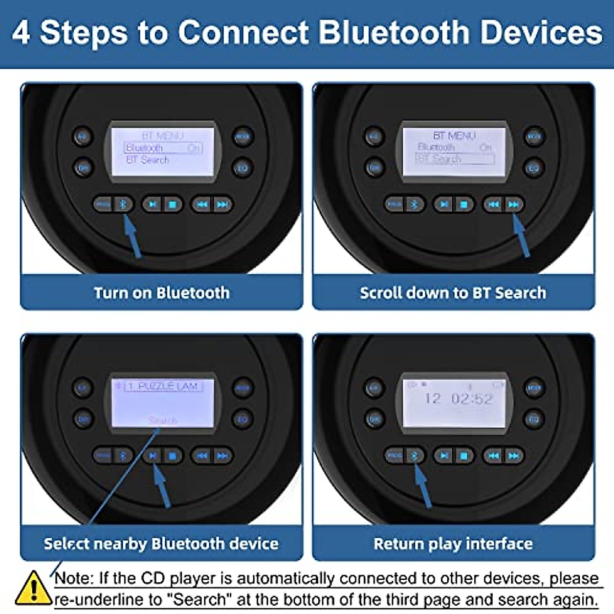 CD Player Portable,Bluetooth CD Player with Dual Headphone Jack for Home, Rechargeable Walkman Small CD Player for Car,CD Player with Bluetooth Visibility LCD Screen