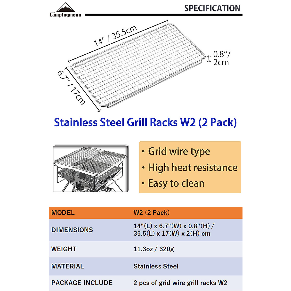 CAMPINGMOON Grill Racks Cooling Racks for Grilling Baking Cooking 304 Stainless Steel 2pcs set W2 14"(L) x 6 ¾"(W) Grid Wire Oven safe Dishwasher-safe
