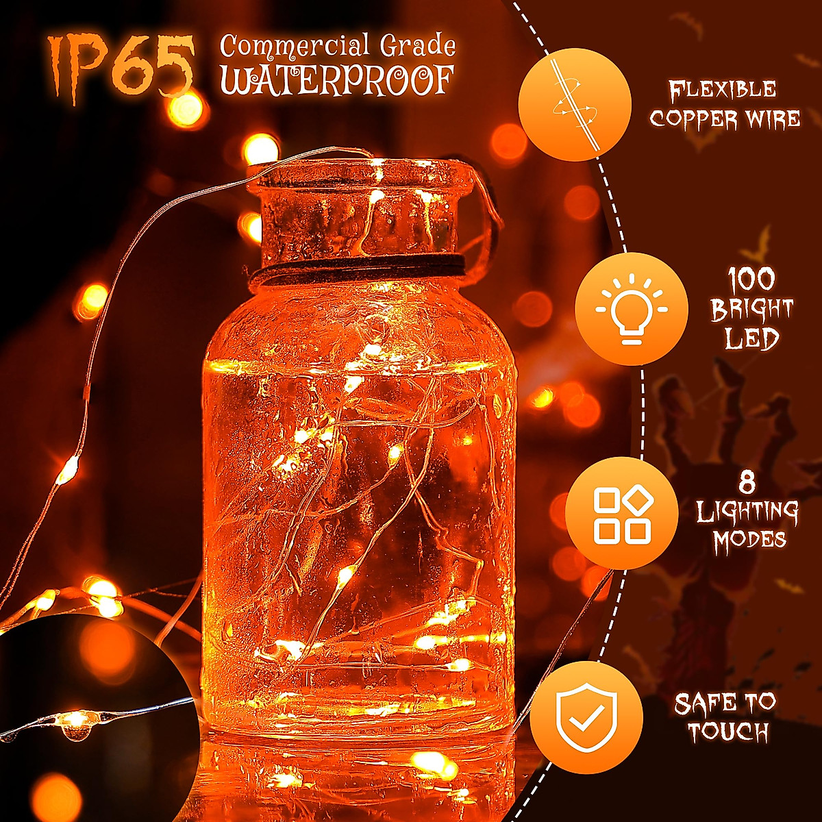 Ｗoohaha Solar Halloween Lights Outdoor,2 Pack Each 33Ft 100LED Orange Halloween Lights,Copper Wire Solar Powered Fairy String Lights 8 Modes for Garden,Tree,Thanksgiving,Christmas,Parties,Home Decor