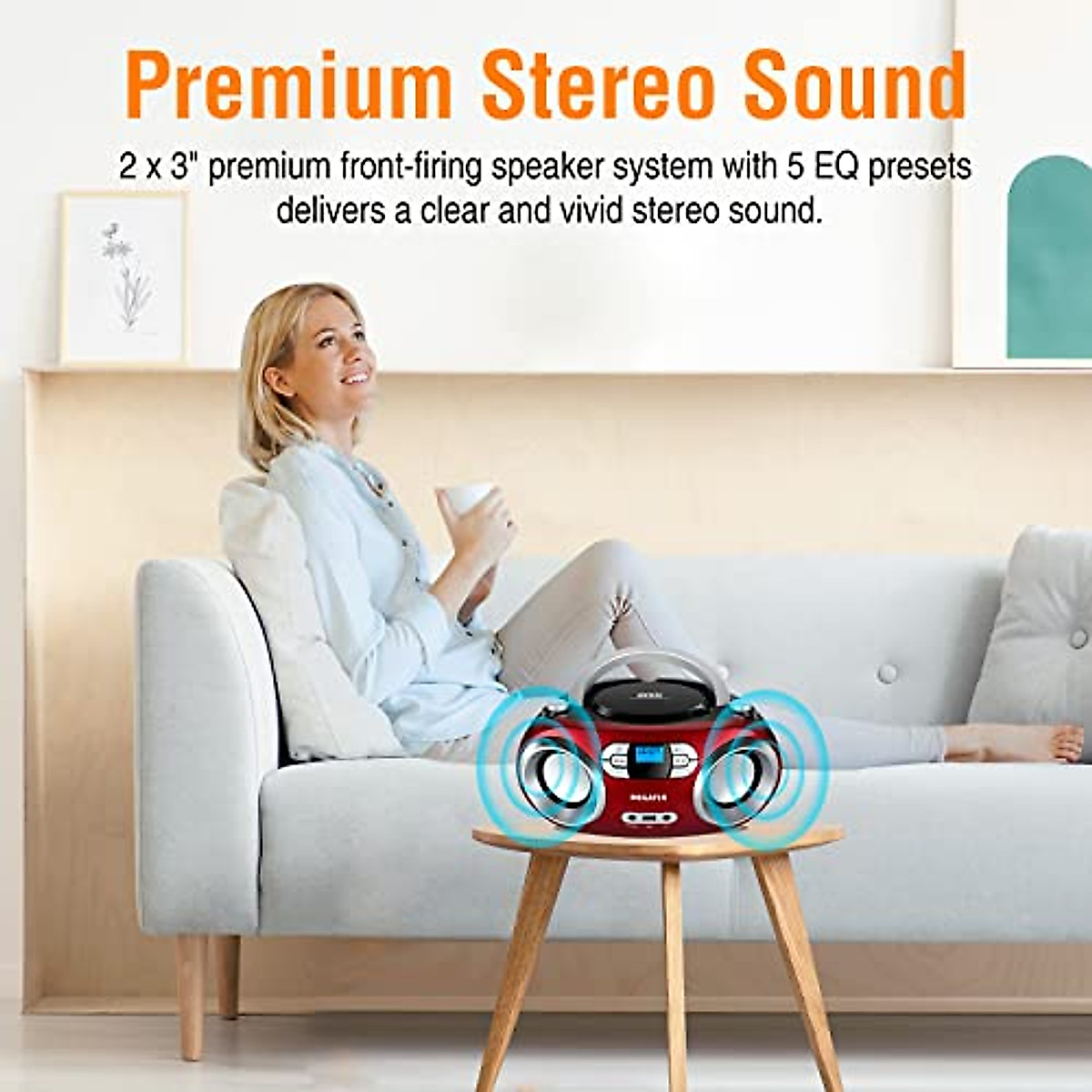 MEGATEK Portable CD Player Boombox with FM Radio, Bluetooth, USB, Aux-in and Headphone Jack, CD-R/RW and MP3 CDs Compatible, Enhanced Stereo Sound, AC/Battery Operated - Cherry Red