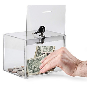 Acrylic Charity Donation Ballot Box Fundraising Coin Collection Tip Box 6.5" x 5" x 5" Office Suggestion Box Piggy Bank Ticket Box with Large 8.5" x 6.5" Display Area with Lock and Keys