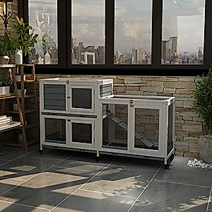 GDLF Two Floors 58" Wooden Indoor Bunny Hutch Rabbit Cage on Wheels Guinea Pig PET House for Small to Medium Animals Waterproof No Leak Tray