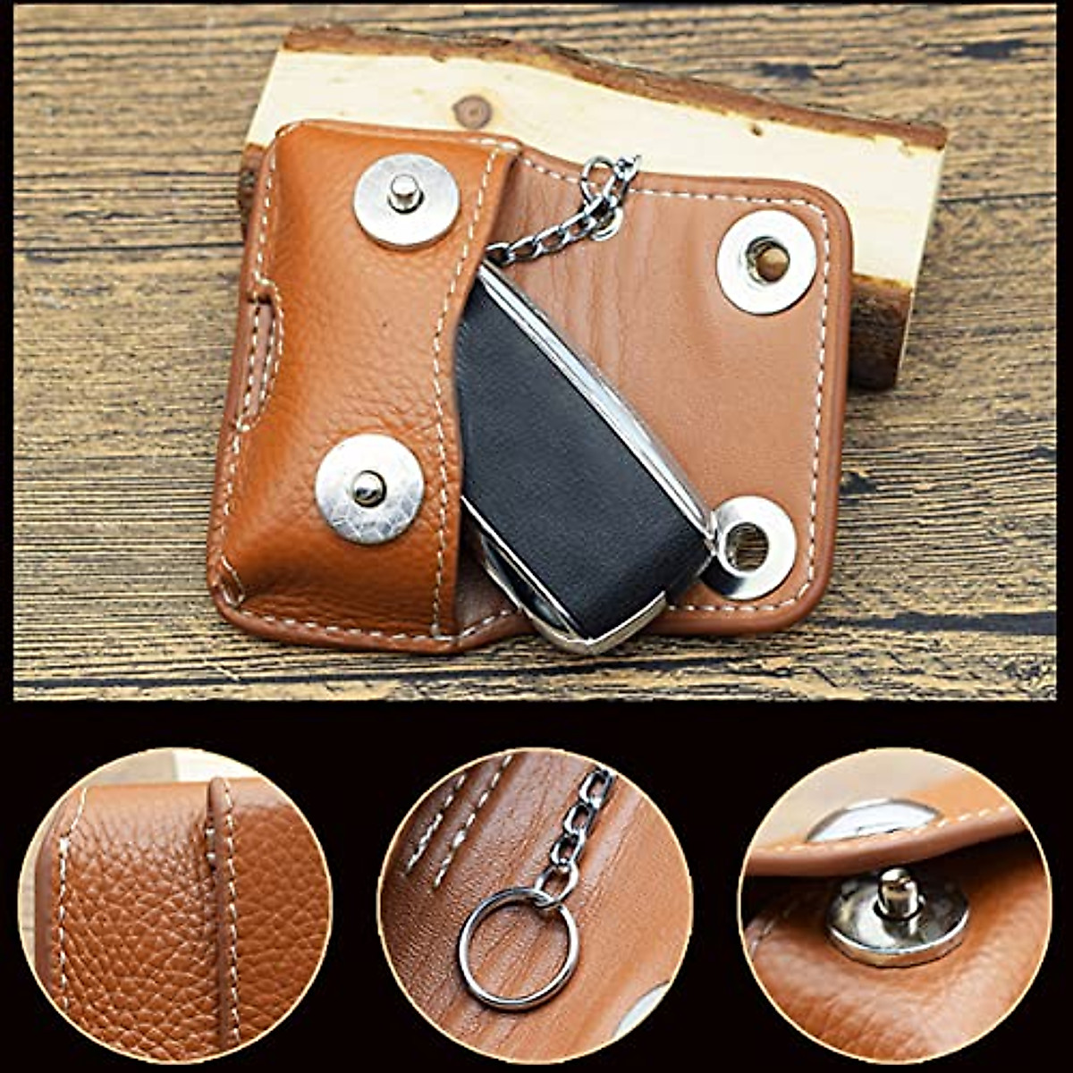MoreChioce Men's Car Key Case, Leather Key Fob Holder with Magnetic Closure, Universal Key Chain, Coffee Brown