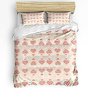 3 Pieces Bedding Set Twin Size, Red Love Heart Soft Durable Duvet Cover Set Comforter Cover Set with Zipper Closure All-Season Breathable Bedding Set Romantic White Geometric Red Striped Beige