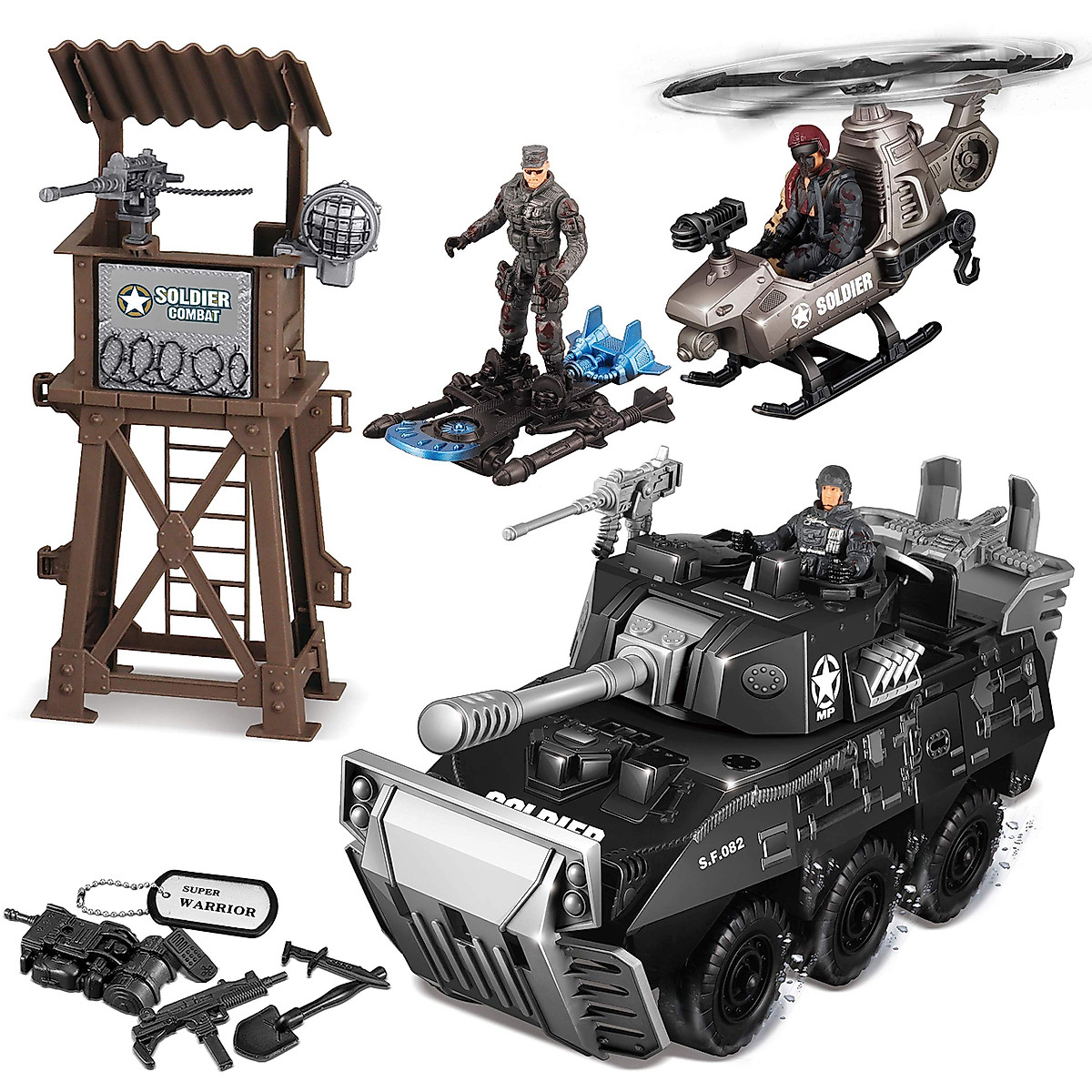JOYIN 9 Pcs Boys Military Toy Play Set with Realistic Watchtower, Military Tank Toy, Mini Helicopter, Fancy Sci-fi Jet Board, Army Men Toy Soldiers Action Figures, Kids Fun Imaginative Play Toy Gifts