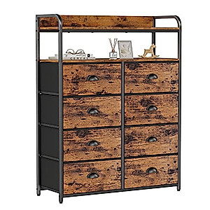 Furologee 8 Storage Drawers Dresser for Bedroom with Double Shelf Tall, Large Storage Organizer Unit for Closet,Living Room,Entryway, Wooden Top,Sturdy Metal Frame (Rustic Brown, 8 drawers)