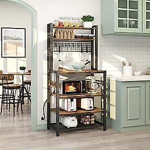 HHETOGOL Carbon Steel Bakers Racks for Kitchens with Storage, Bakers Rack with Power Outlet, Coffee Bar, Kitchen Storage Rack with 10 S-Hooks, Kitchen Shelves for Spices, HPJ01B