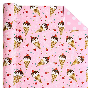 WRAPAHOLIC Reversible Wrapping Paper - Mini Roll - 17 Inch X 33 Feet - Ice-Cream Design for Birthday, Holiday, Party, Baby Shower