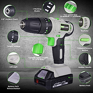 PHALANX 20V Cordless Drill Set - Multifunctional 3-in-1 Power Drill Set with Battery and Fast Charger, 20+2 Torque Impact Drill, 3/8" Chuck Electric Screwdriver Hammer Drill, 48 Driver Drill Bits