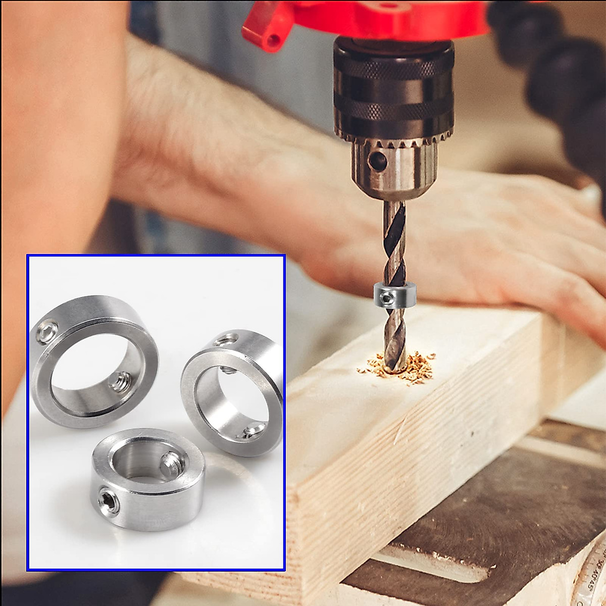 LEONTOOL 12 Pcs 3-16mm Drill Bit Depth Stop Collar Set 304 Stainless Steel Drilling Limit Ring Drill Bit Stop Collar Set Stop Bit Collar Set Drill Tool with Hex Wrenches and Storage Box