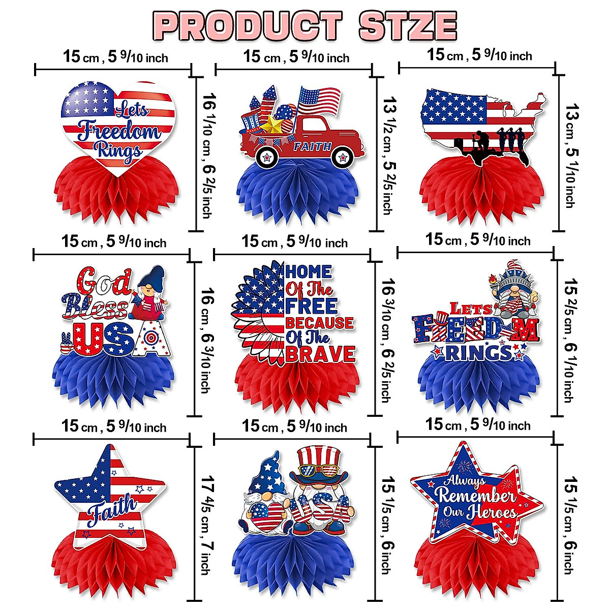 9Pcs Veteran Day Decorations Honeycomb Centerpieces, 3D Double Side God Bless USA Table Decorations, Blue Red Home of the Free Centerpieces for Tables, Memorial Day Decorations for Office Decor