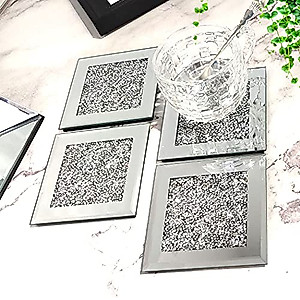 GIMORRTO Glass Mirrored Coaster 4 PC, Crushed Diamond Square Cup Mat 4" Decor on Tabletop for Bar Tools Dining Table