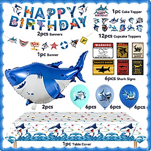 Shark Birthday Decorations, Ocean Shark Party Decorations Include Shark Balloons, Happy Birthday Banners, Cupcake & Cake Toppers, Shark Signs and Tablecloth for Boys Girls Ocean Theme Shark Party