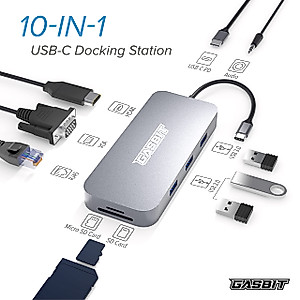 USB C Hub 10 in 1 for MacBook Pro/Air - Dell XPS - Lenovo - HP - 4K HDMI; Ethernet RJ 45; VGA; MicroSD/SD Card Reader; 2 x USB 2.0; 1 x USB 3.0; 1 x USB-C & Audio Jack.