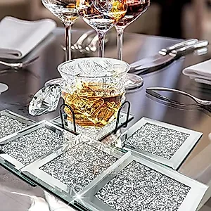 6 Sets Glass Mirrored Drink Coasters with Holder, DILIBRA Modern Bling Bling Crystal Cup Coasters for Dirnk, 4x4 Inches Crushed Diamond Glass Plates - Avoid Furniture Being Scratched and Soiled