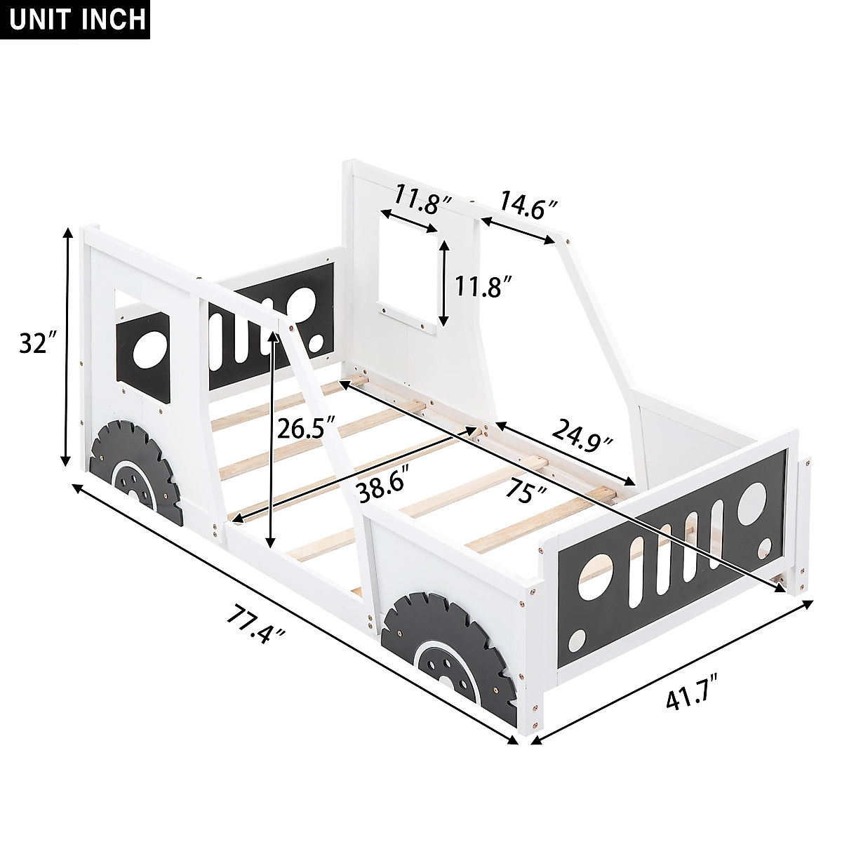 Floor Bed Twin Size Car-Shaped Platform Bed with Wheels, Montessori Bed Frame with Fence and Door, Solid Wood Twin Bed Frame, Slats Included, No Box Spring Needed (Twin Size, White)