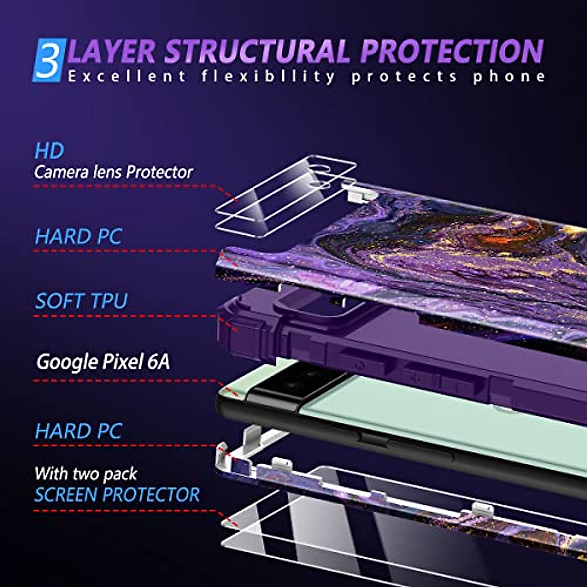 Miqala Google Pixel 6A Heavy Duty Case: Shockproof, Anti-Scratch, with 2 Tempered Glass & Camera Lens Protectors - Purple